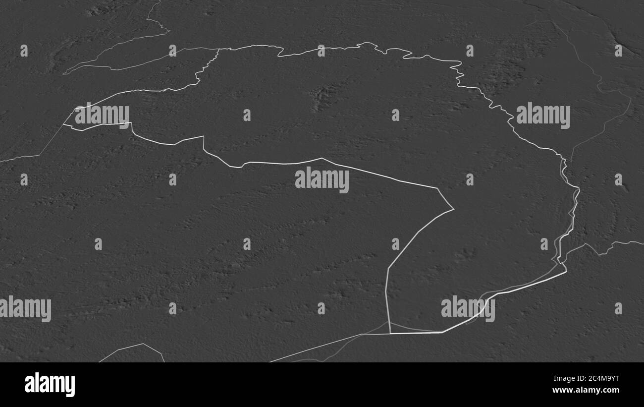 Zoom in on Lofa (county of Liberia) outlined. Oblique perspective ...