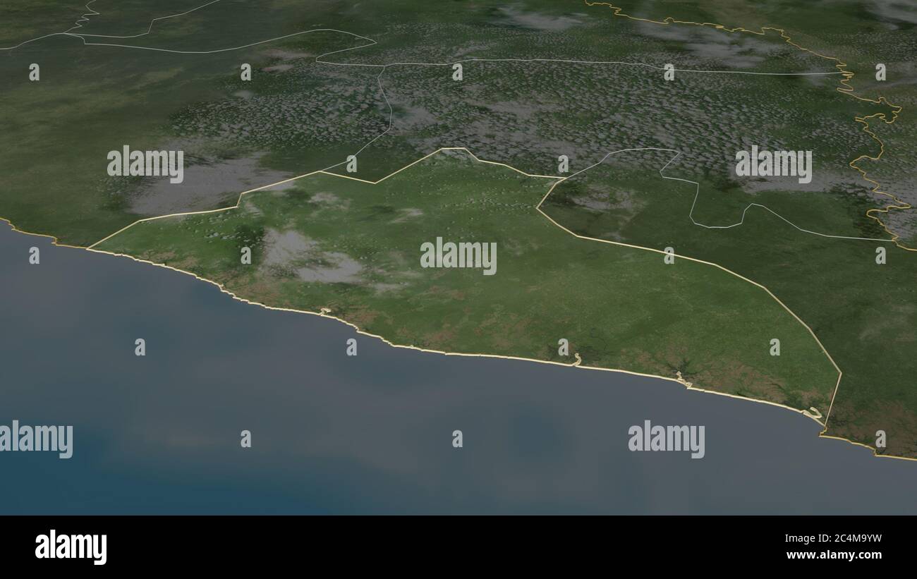 Zoom in on Grand Kru (county of Liberia) outlined. Oblique perspective ...