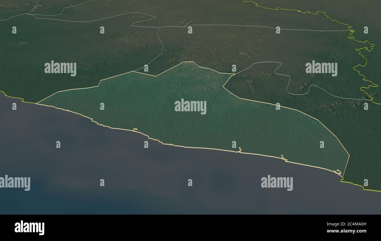 Zoom in on Grand Kru (county of Liberia) outlined. Oblique perspective ...