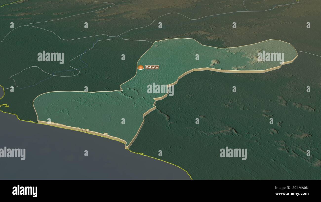 Zoom in on Margibi (county of Liberia) extruded. Oblique perspective ...