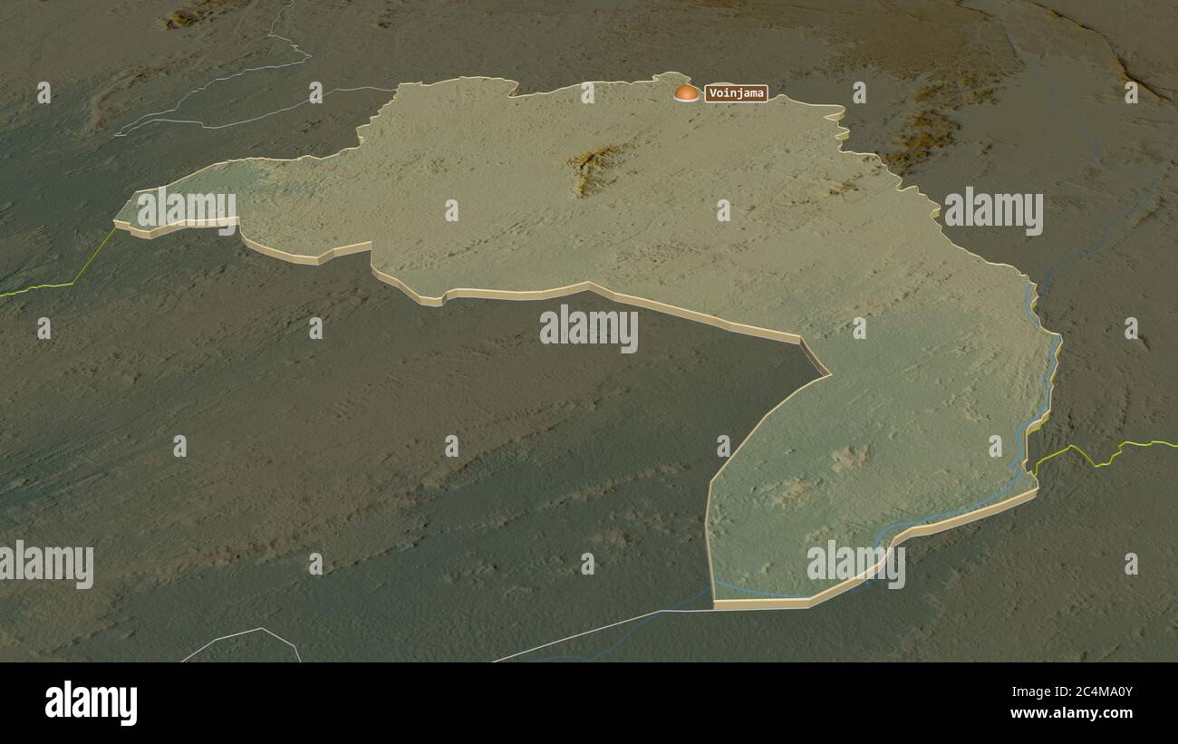 Zoom in on Lofa (county of Liberia) extruded. Oblique perspective ...
