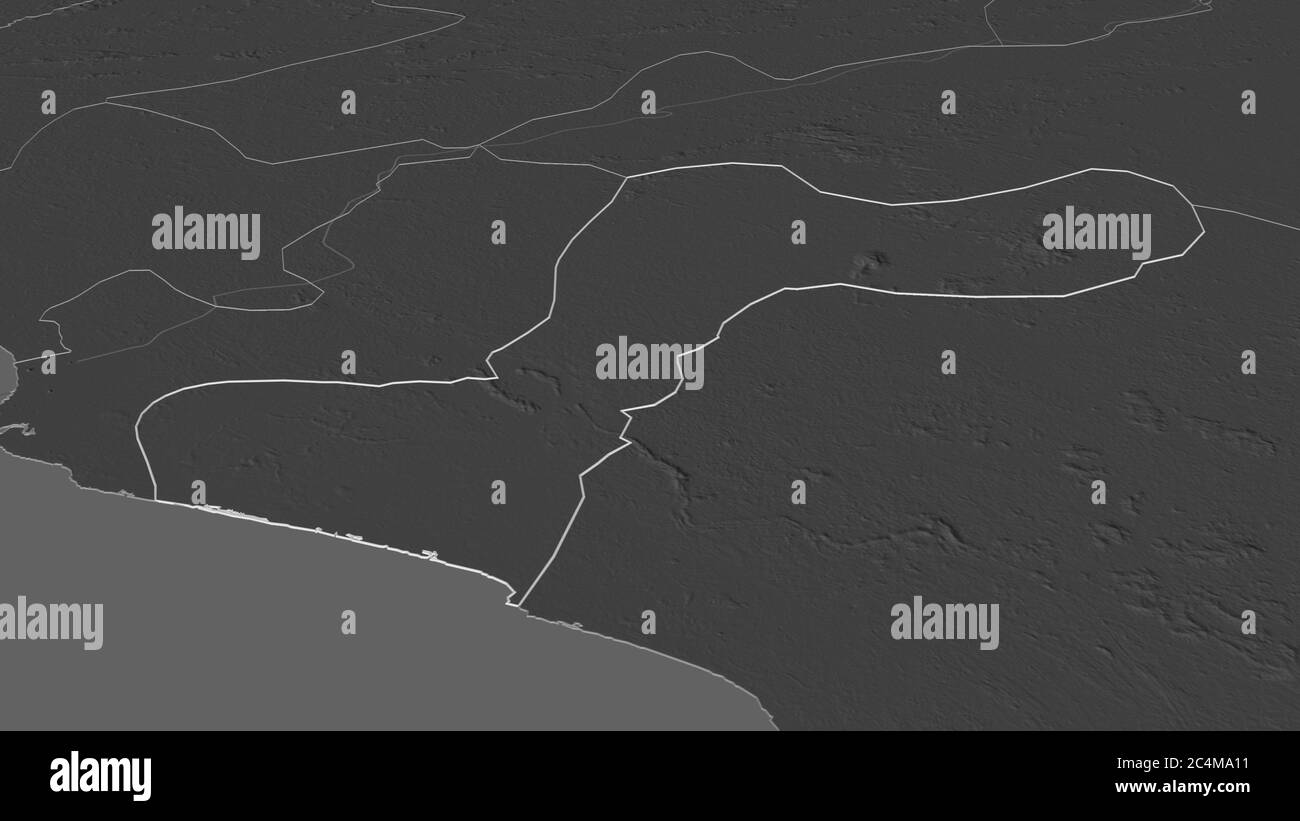 Zoom in on Margibi (county of Liberia) outlined. Oblique perspective ...
