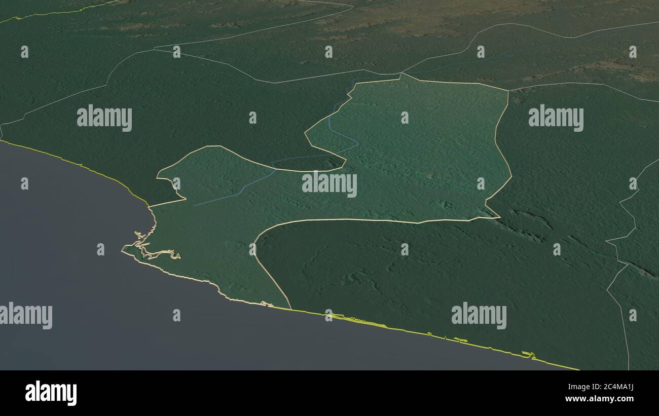 Zoom in on Montserrado (county of Liberia) outlined. Oblique ...