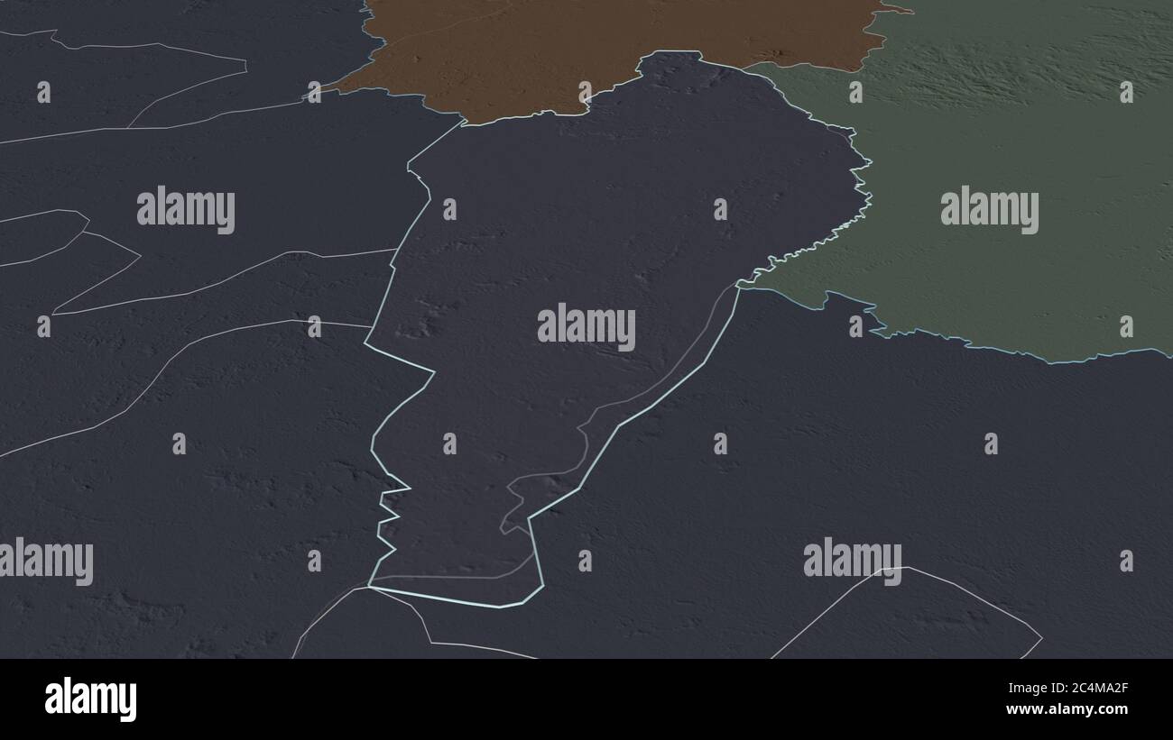 Zoom in on Nimba (county of Liberia) outlined. Oblique perspective ...