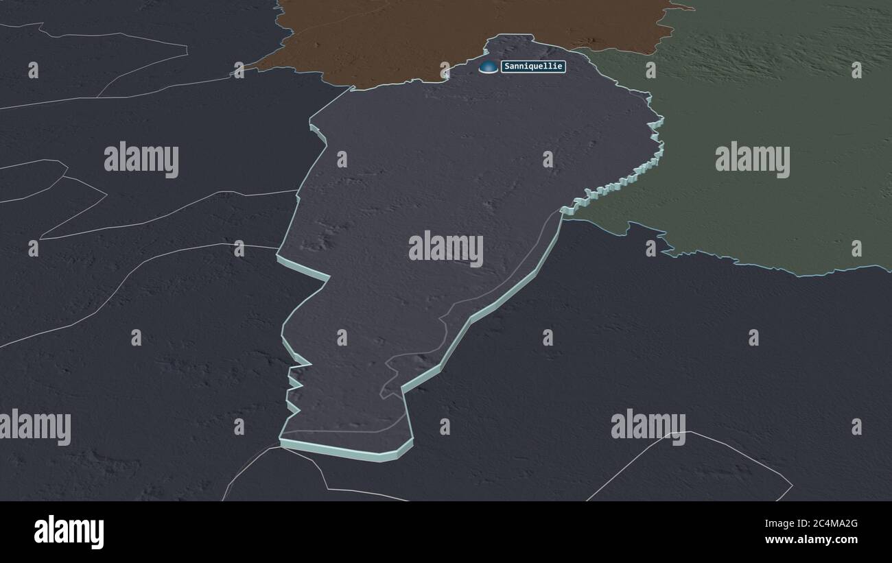 Zoom in on Nimba (county of Liberia) extruded. Oblique perspective ...