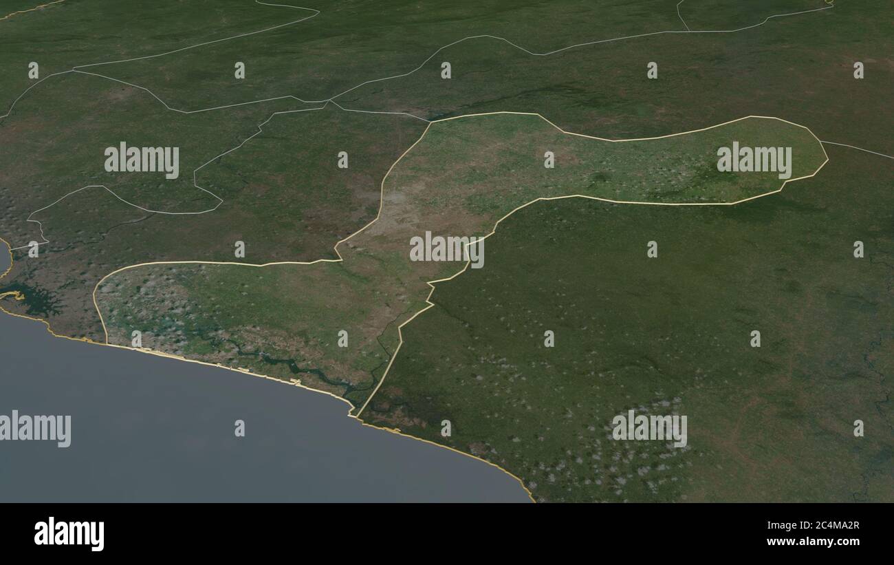 Zoom in on Margibi (county of Liberia) outlined. Oblique perspective ...