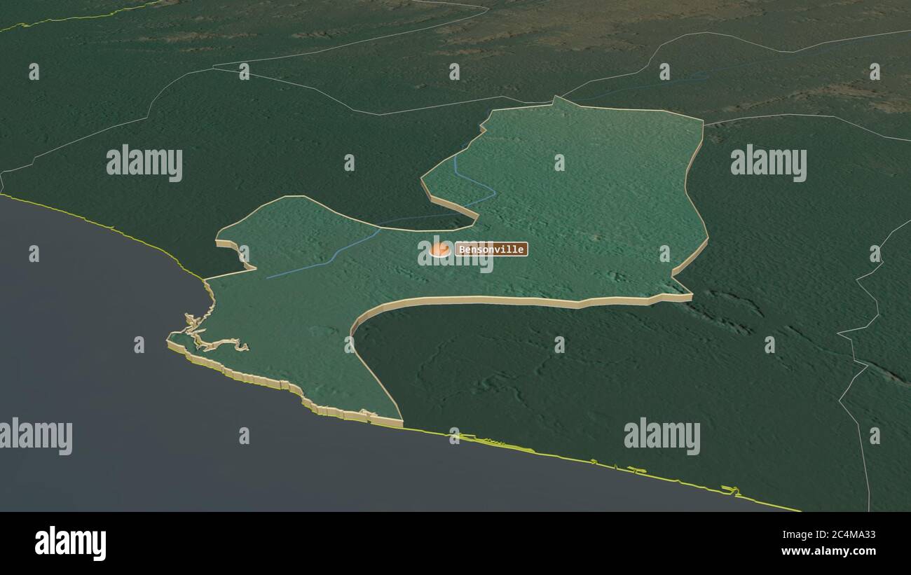 Zoom in on Montserrado (county of Liberia) extruded. Oblique ...