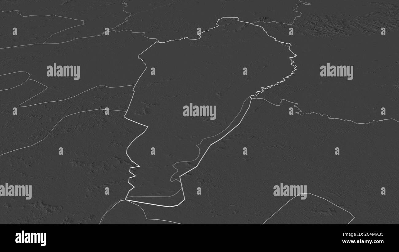 Zoom in on Nimba (county of Liberia) outlined. Oblique perspective ...