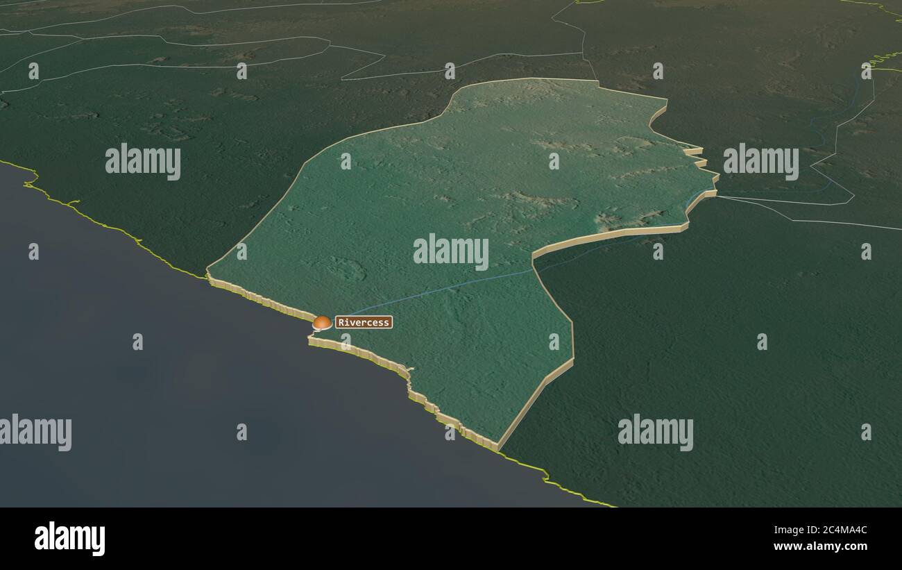 Zoom in on River Cess (county of Liberia) extruded. Oblique perspective ...