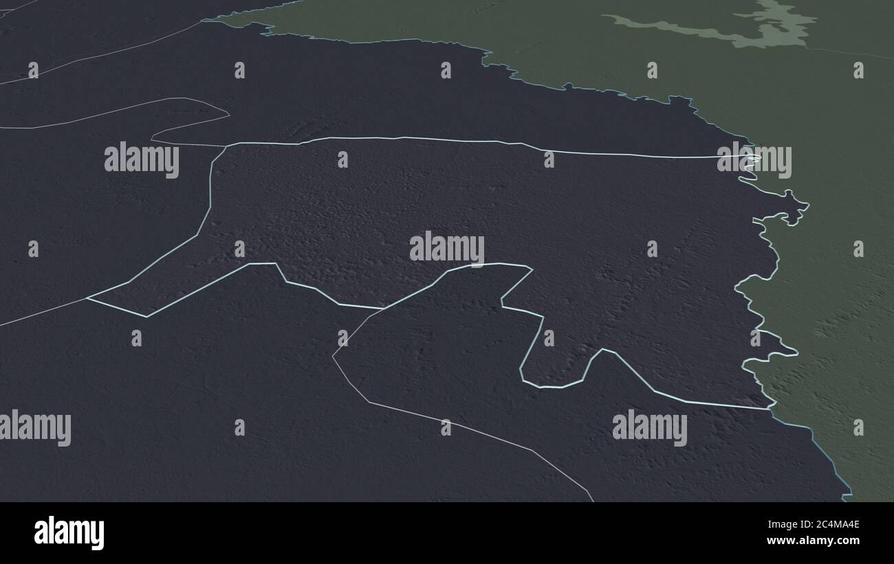 Zoom in on River Gee (county of Liberia) outlined. Oblique perspective ...