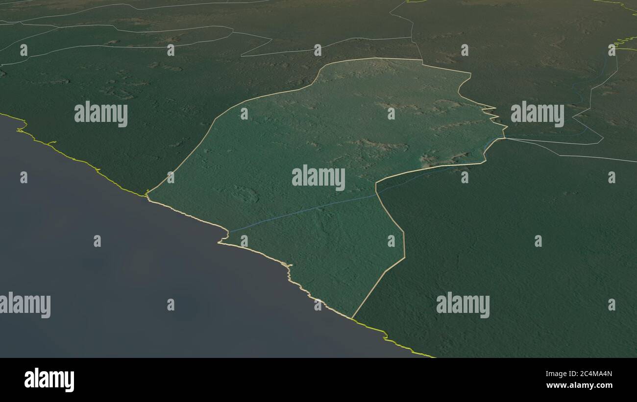 Zoom in on River Cess (county of Liberia) outlined. Oblique perspective ...