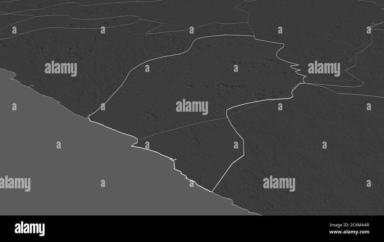 Zoom in on River Cess (county of Liberia) outlined. Oblique perspective ...