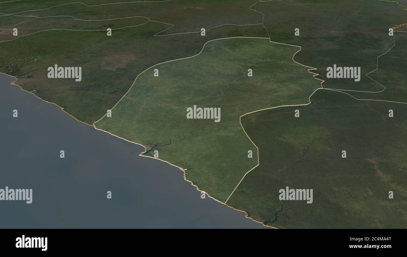 Zoom in on River Cess (county of Liberia) outlined. Oblique perspective ...
