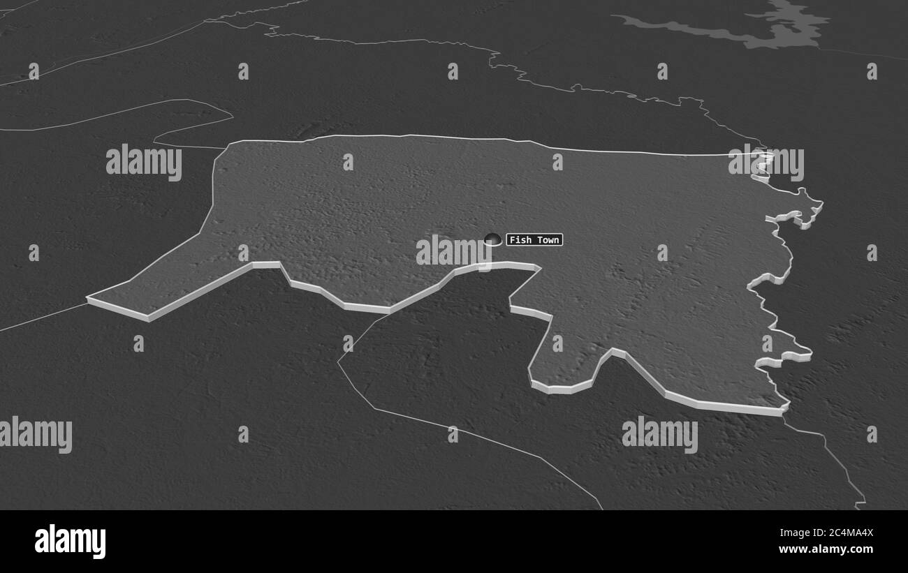 Zoom in on River Gee (county of Liberia) extruded. Oblique perspective ...