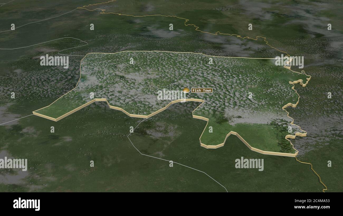 Zoom in on River Gee (county of Liberia) extruded. Oblique perspective ...