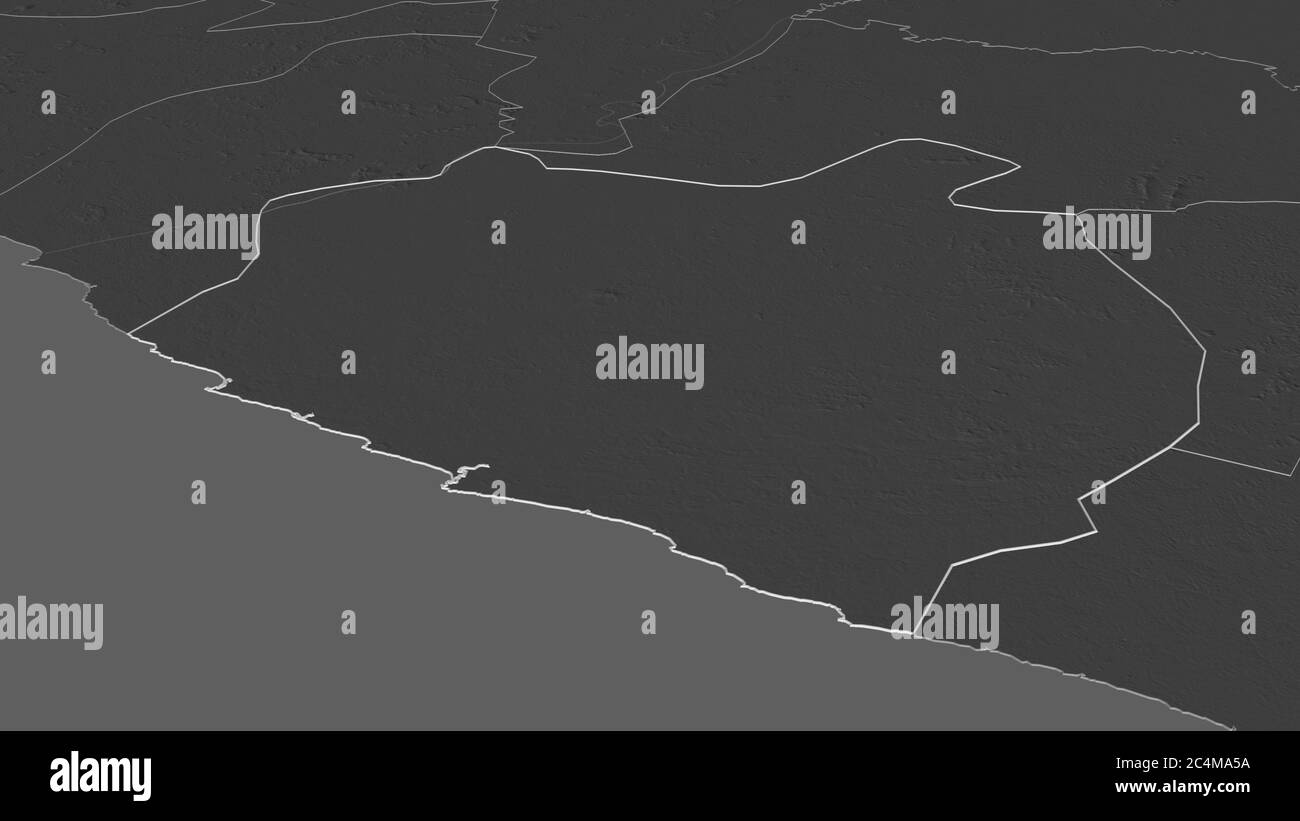 Zoom in on Sinoe (county of Liberia) outlined. Oblique perspective ...