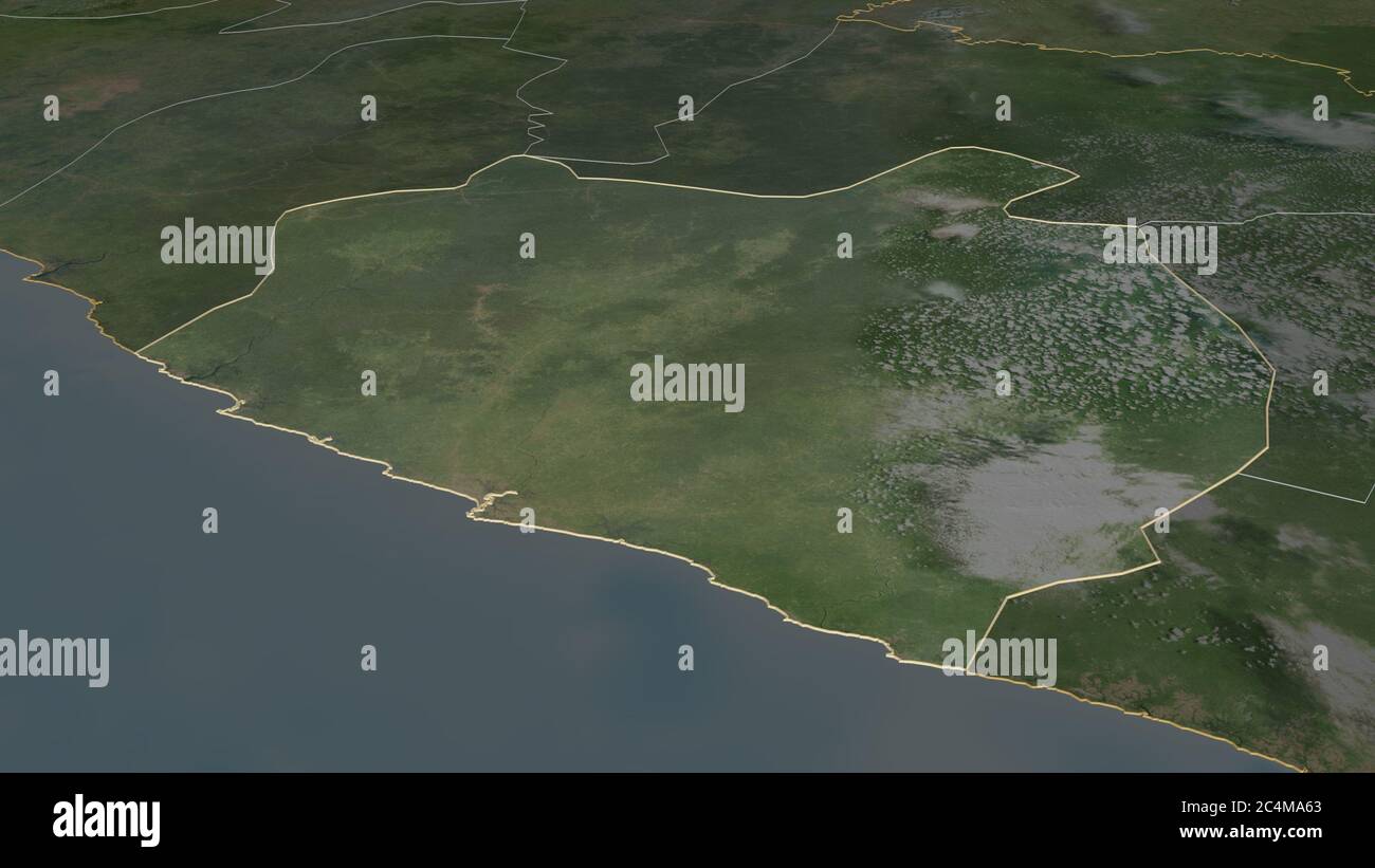 Zoom in on Sinoe (county of Liberia) outlined. Oblique perspective ...