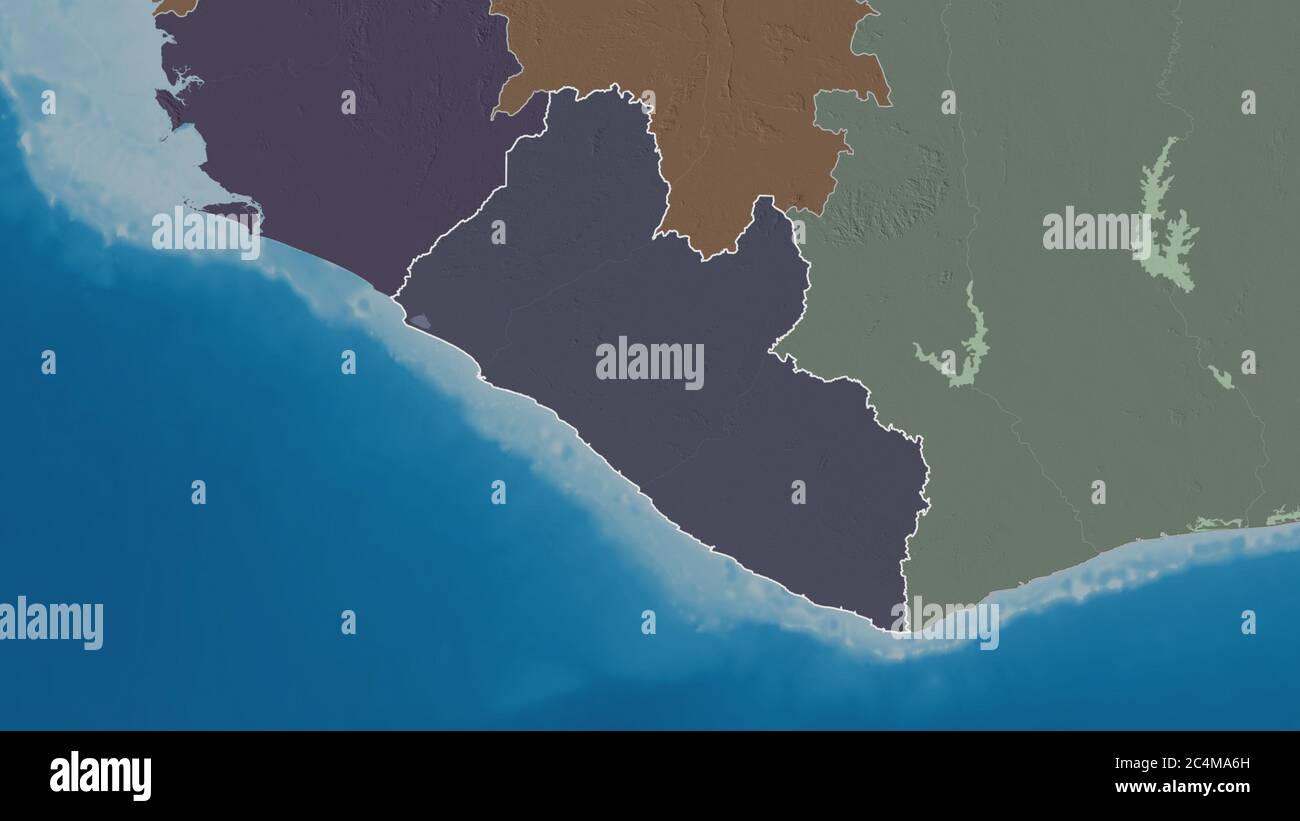 Outlined shape of the Liberia area. Colored and bumped map of the ...