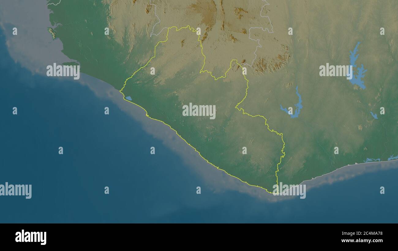 Outlined shape of the Liberia area. Topographic relief map with surface ...