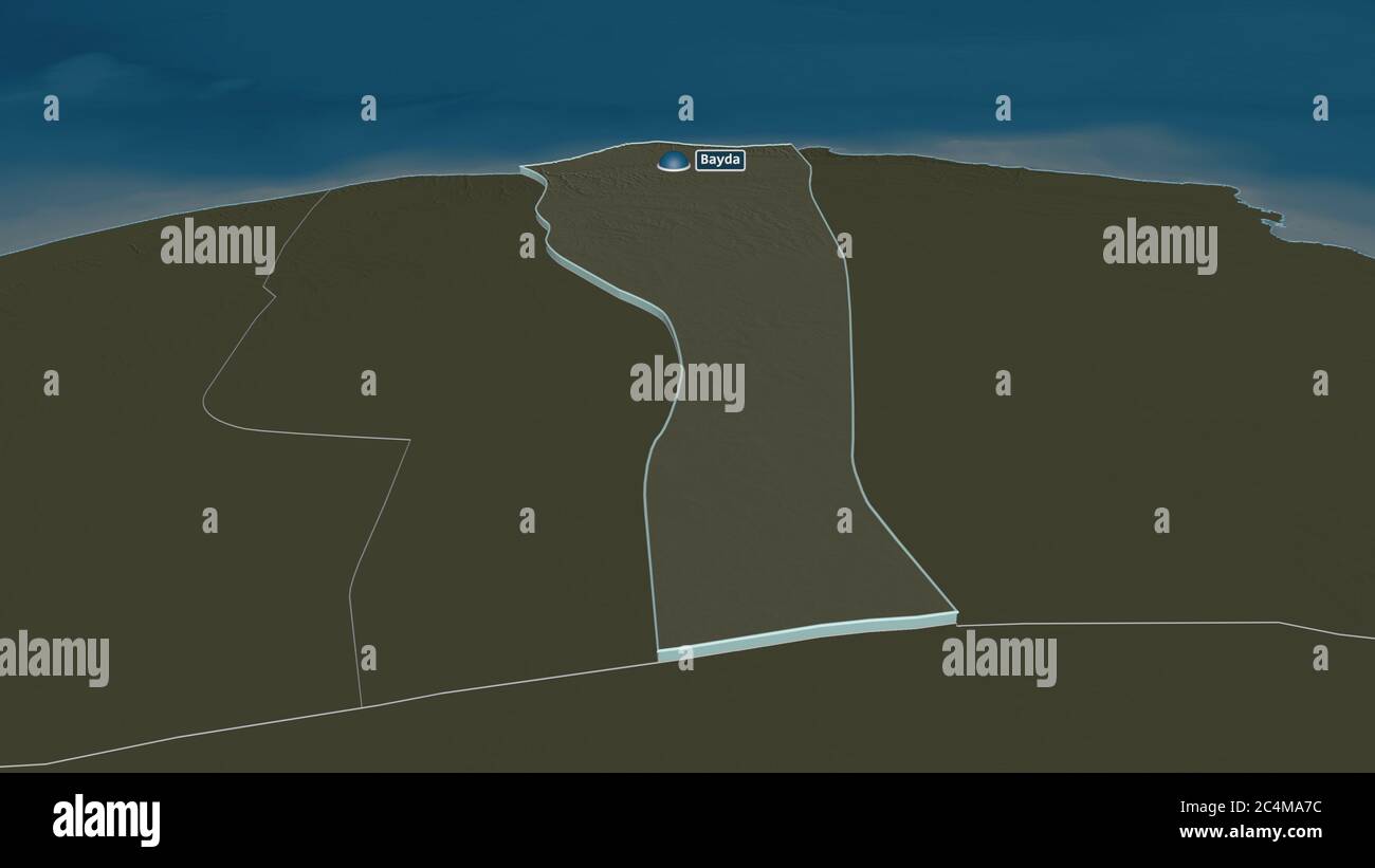 Zoom in on Al Jabal al Akhdar (district of Libya) extruded. Oblique ...