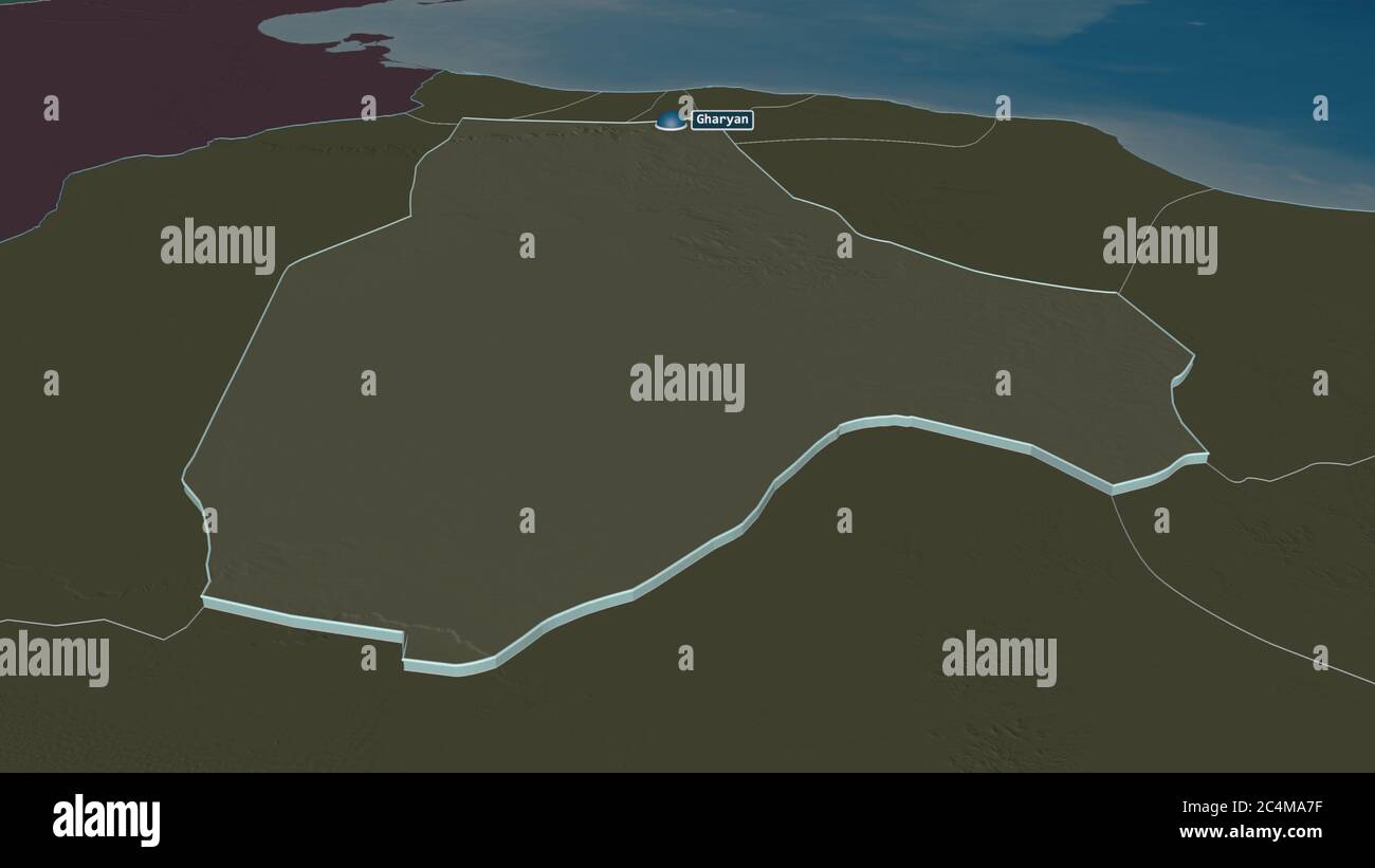 Zoom in on Al Jabal al Gharbi (district of Libya) extruded. Oblique ...