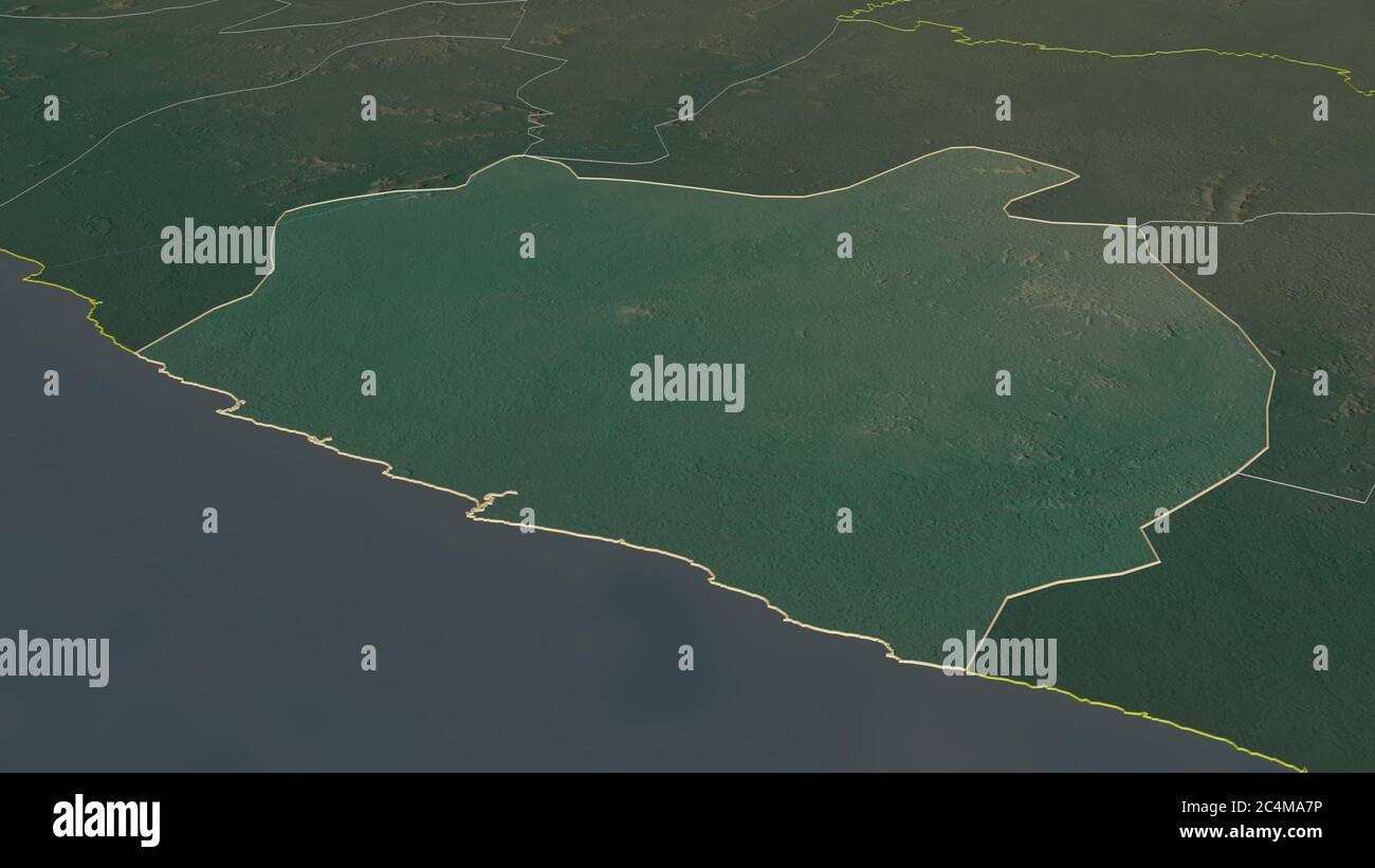 Zoom in on Sinoe (county of Liberia) outlined. Oblique perspective ...
