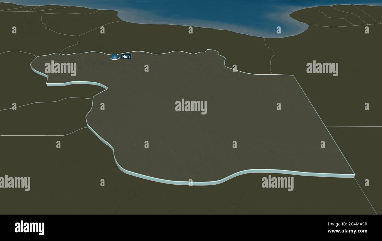 Zoom in on Al Jufrah (district of Libya) extruded. Oblique perspective ...