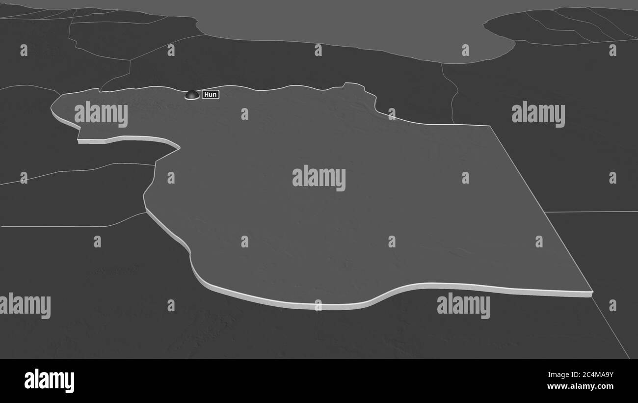 Zoom in on Al Jufrah (district of Libya) extruded. Oblique perspective ...