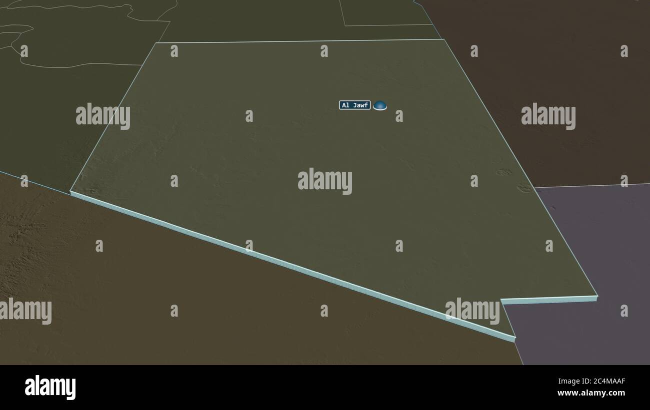 Zoom in on Al Kufrah (district of Libya) extruded. Oblique perspective ...
