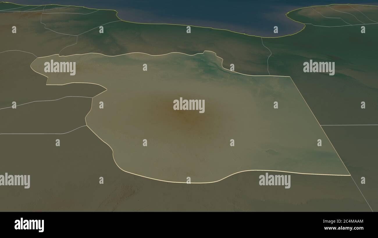 Zoom in on Al Jufrah (district of Libya) outlined. Oblique perspective ...