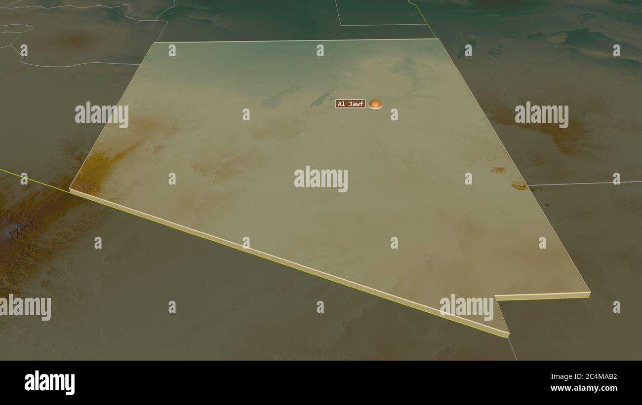 Zoom in on Al Kufrah (district of Libya) extruded. Oblique perspective ...