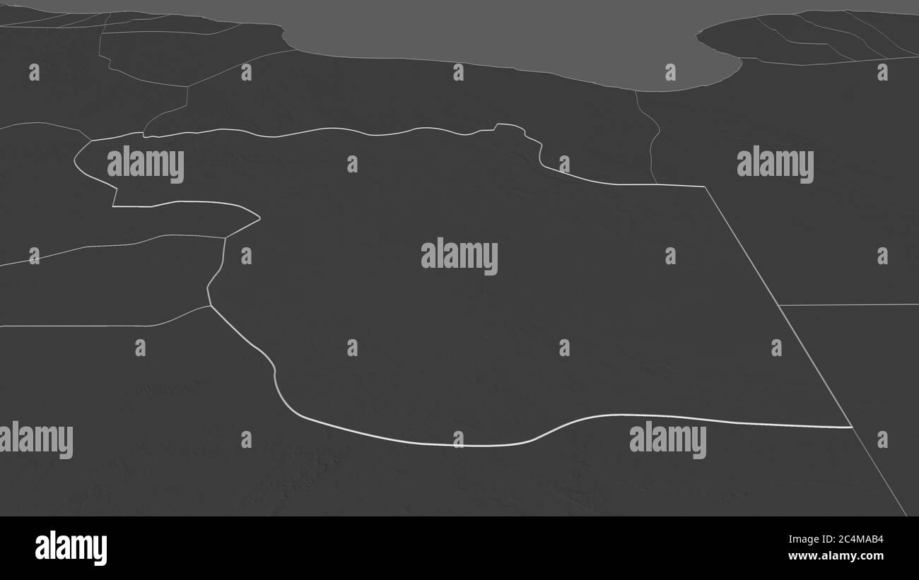 Zoom in on Al Jufrah (district of Libya) outlined. Oblique perspective ...