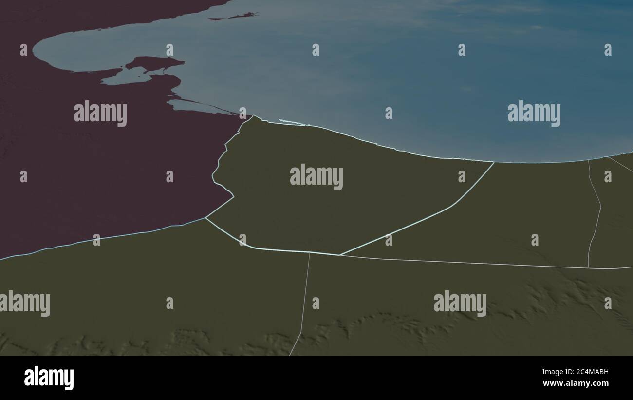 Zoom in on An Nuqat al Khams (district of Libya) outlined. Oblique ...