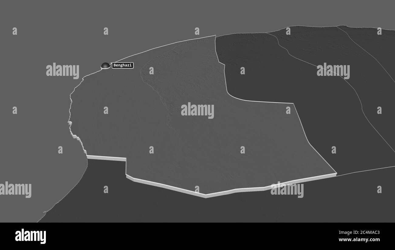 Zoom in on Benghazi (district of Libya) extruded. Oblique perspective ...