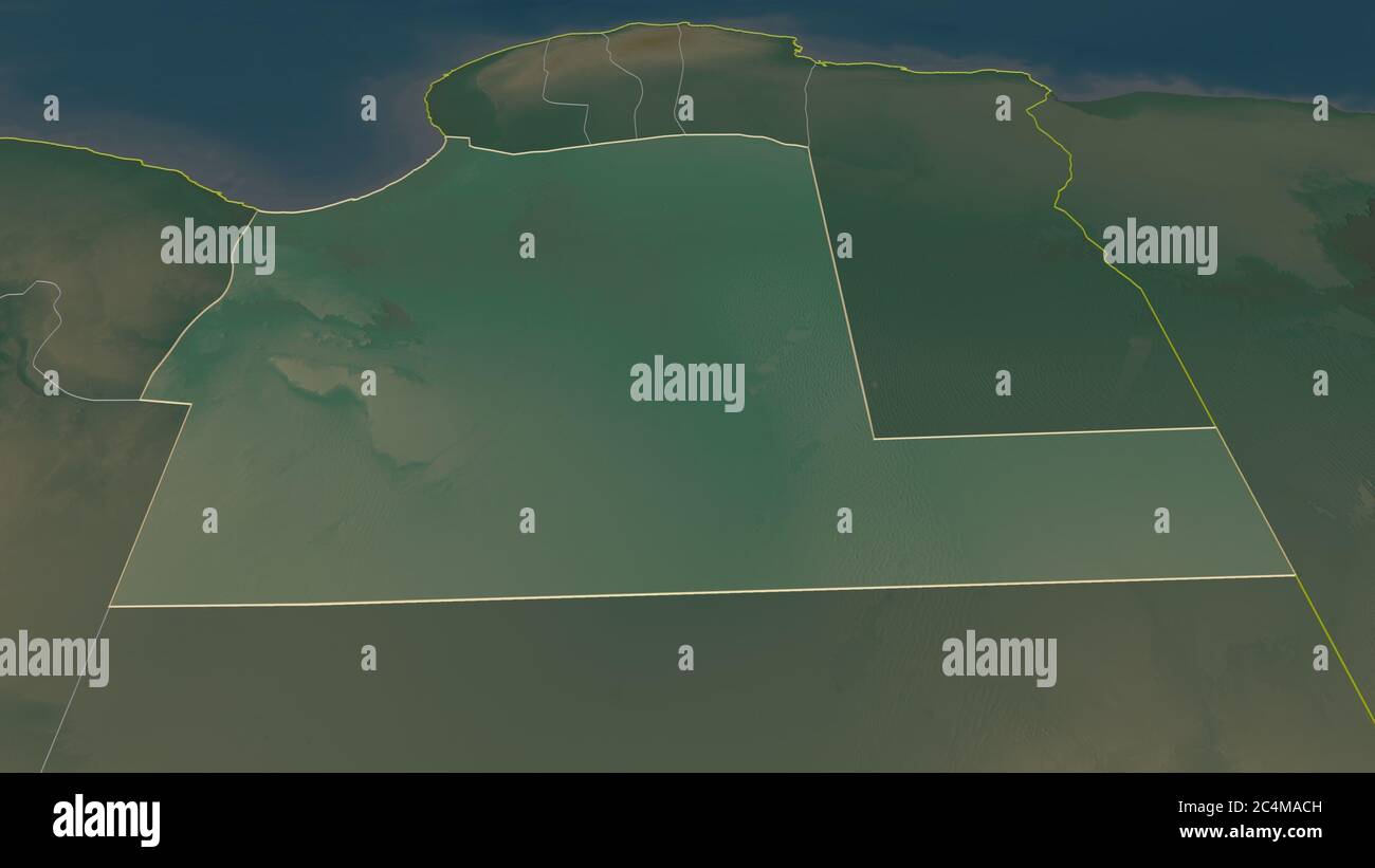 Zoom in on Al Wahat (district of Libya) outlined. Oblique perspective ...