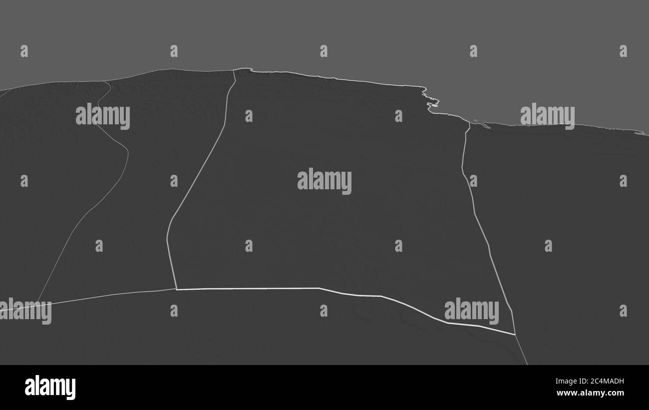 Zoom in on Darnah (district of Libya) outlined. Oblique perspective ...