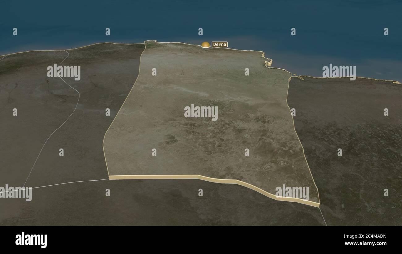 Zoom in on Darnah (district of Libya) extruded. Oblique perspective ...