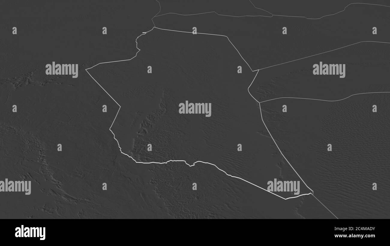 Zoom in on Ghat (district of Libya) outlined. Oblique perspective ...