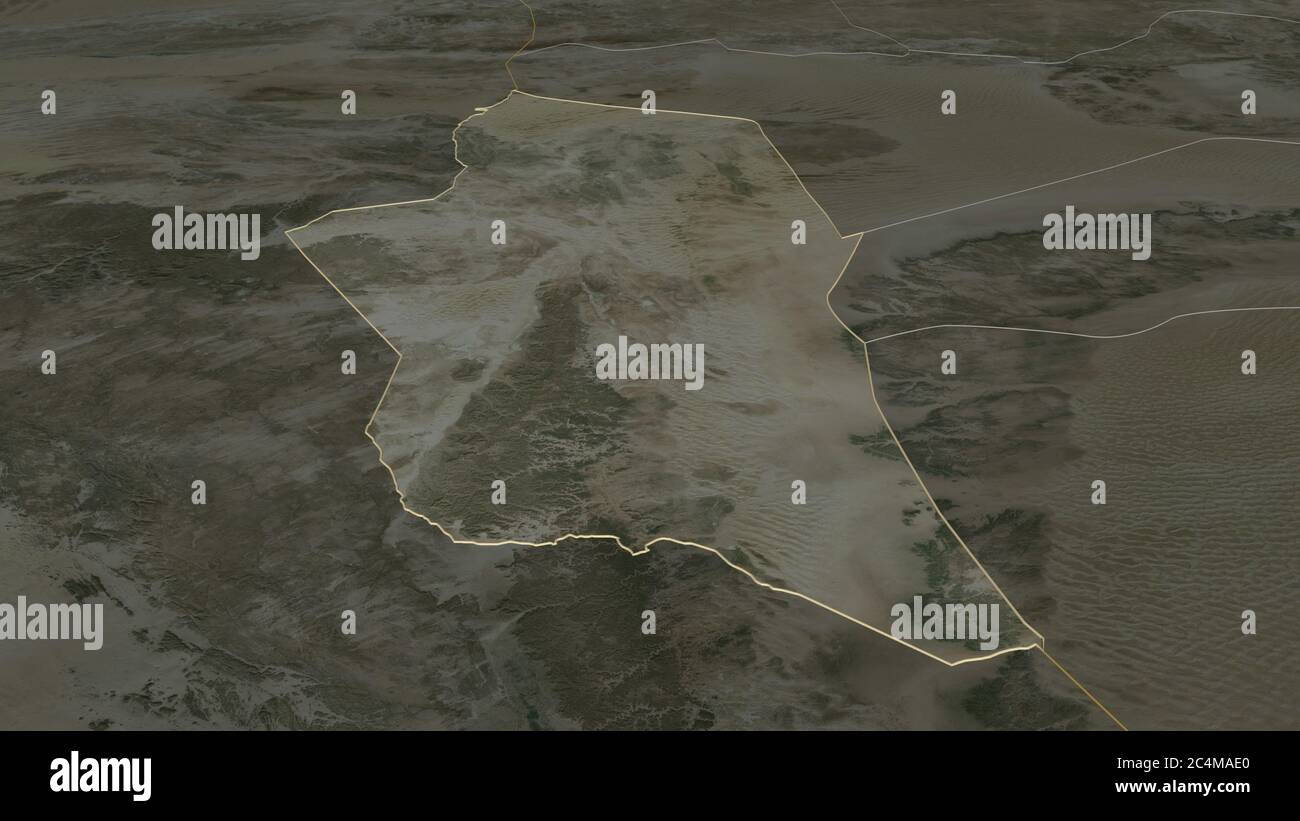 Zoom in on Ghat (district of Libya) outlined. Oblique perspective ...