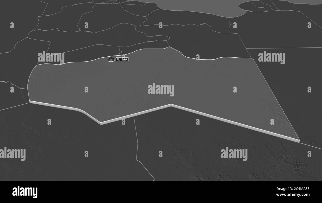 Zoom in on Murzuq (district of Libya) extruded. Oblique perspective ...