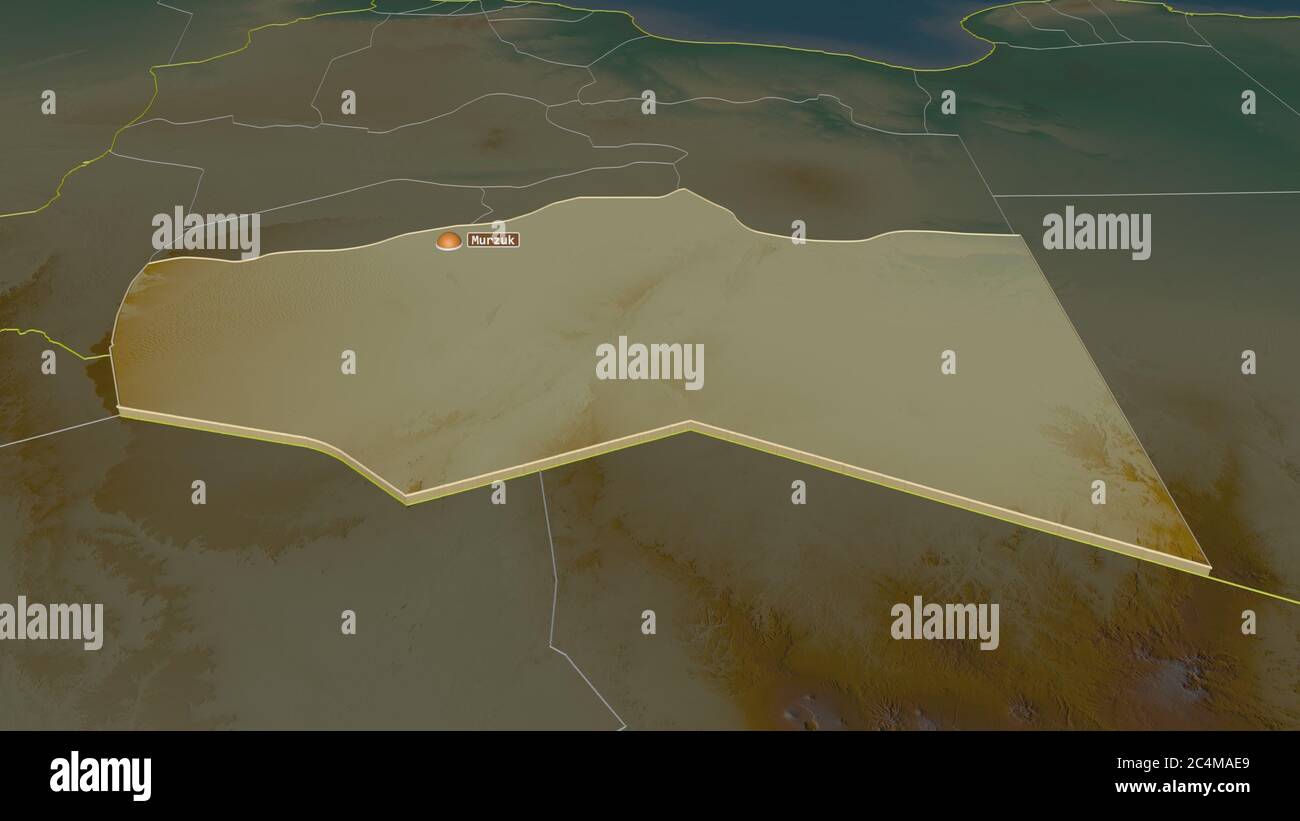Zoom in on Murzuq (district of Libya) extruded. Oblique perspective ...