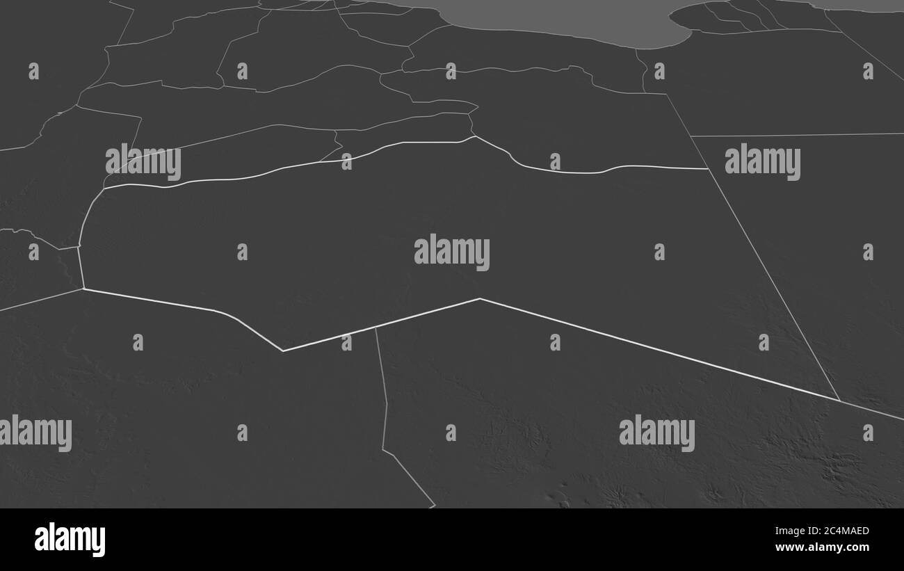 Zoom in on Murzuq (district of Libya) outlined. Oblique perspective ...