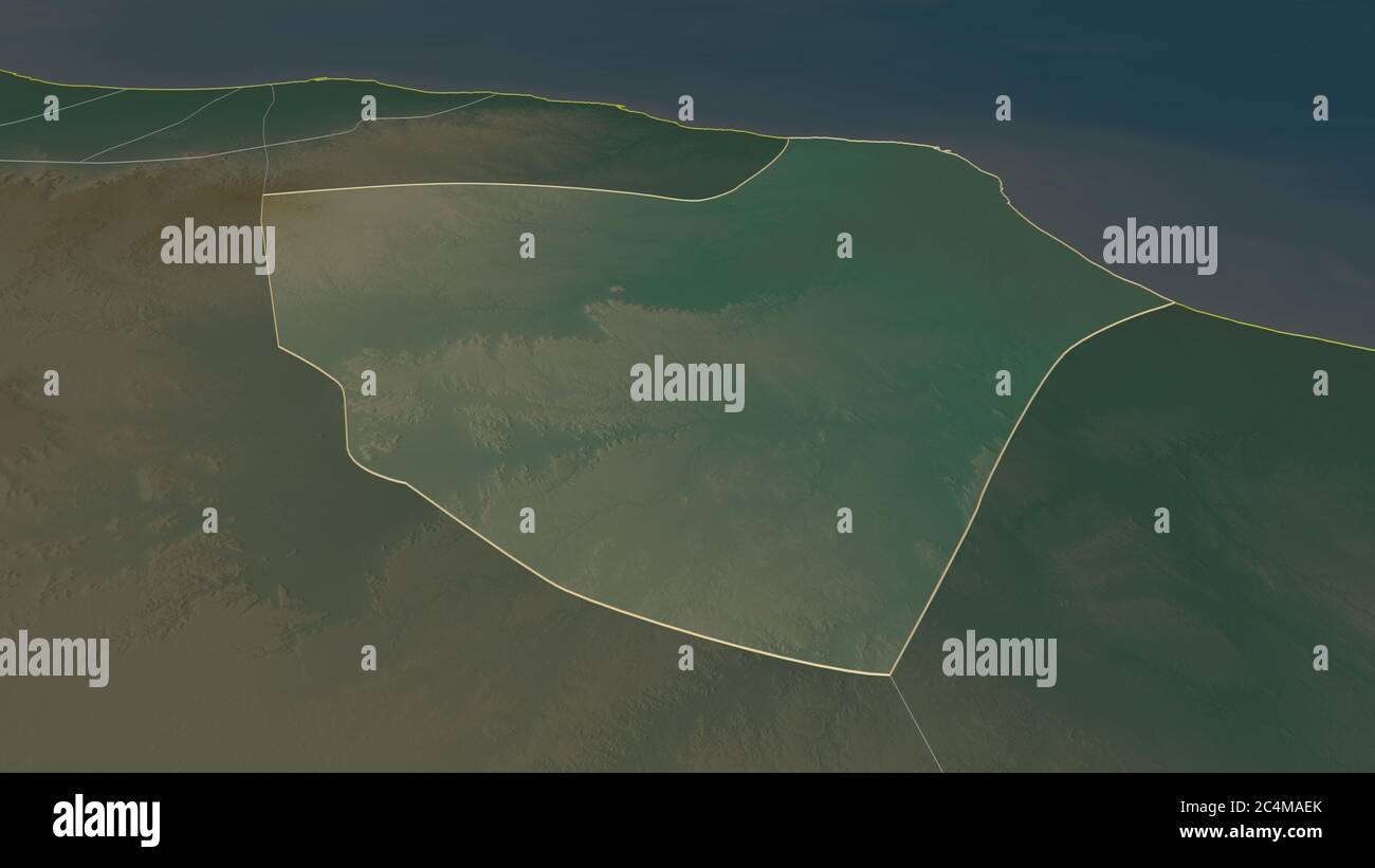 Zoom in on Misratah (district of Libya) outlined. Oblique perspective ...