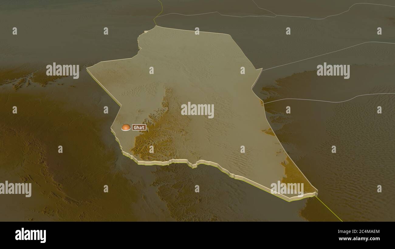Zoom in on Ghat (district of Libya) extruded. Oblique perspective ...