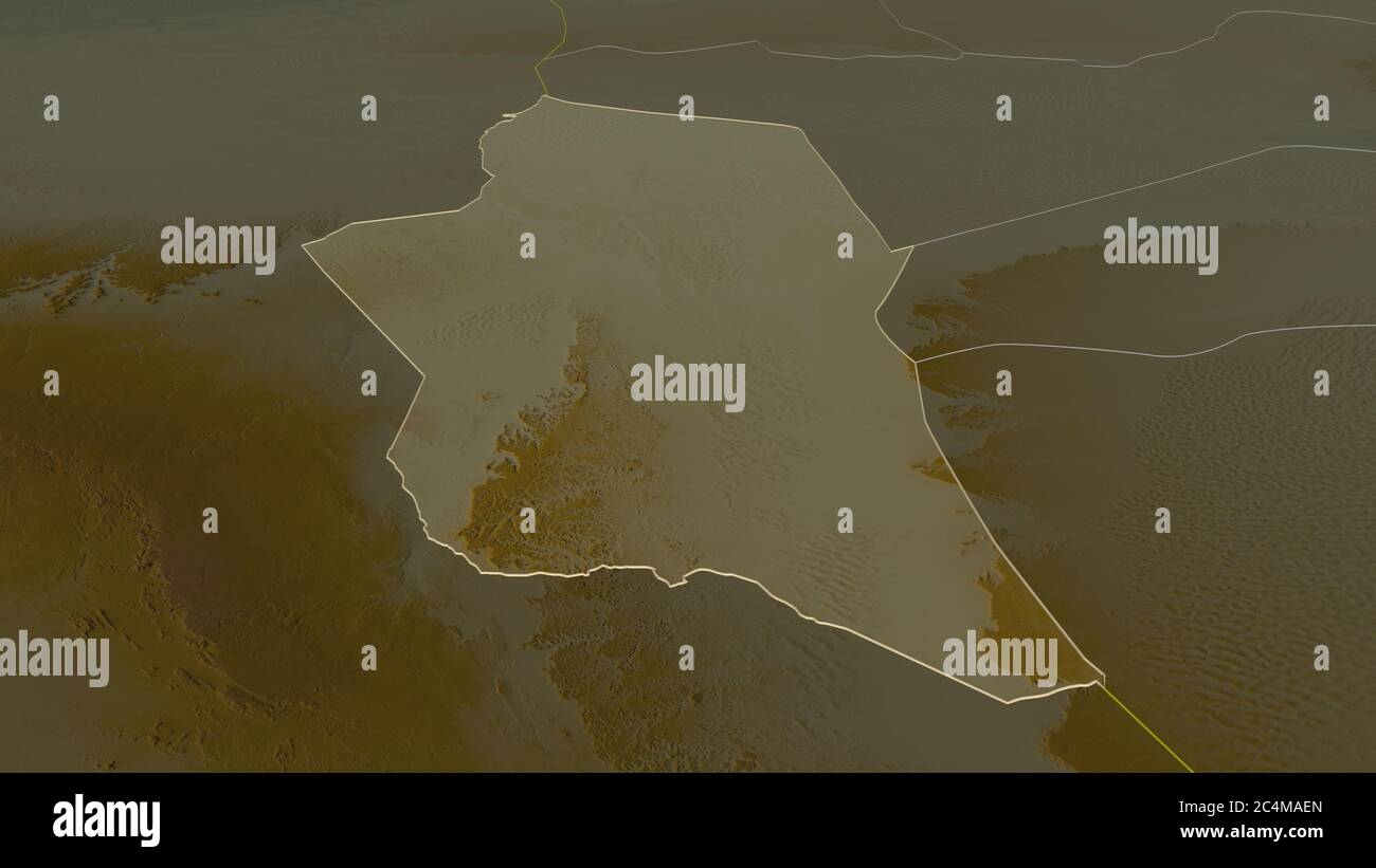 Zoom in on Ghat (district of Libya) outlined. Oblique perspective ...