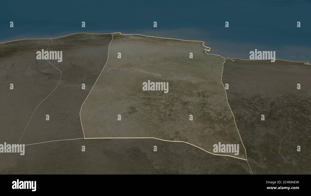 Zoom in on Darnah (district of Libya) outlined. Oblique perspective ...