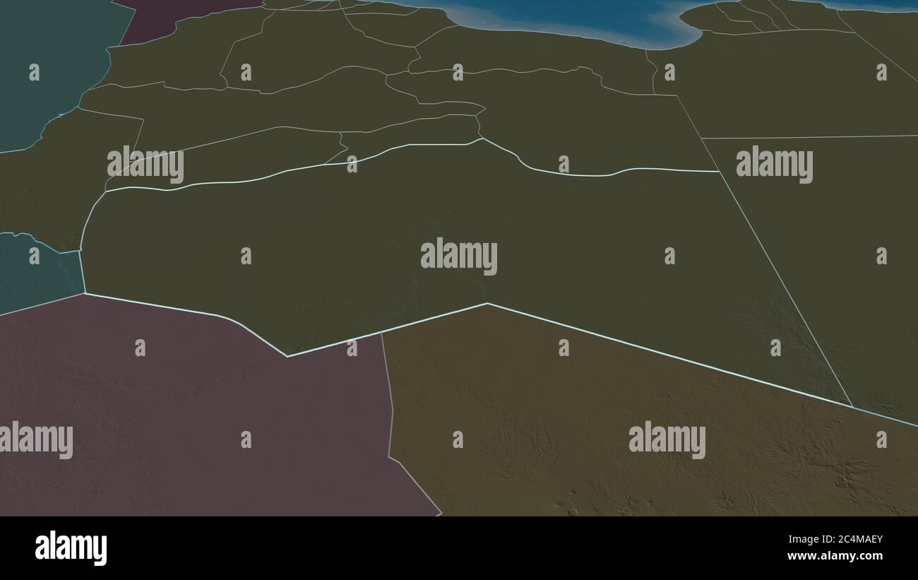 Zoom in on Murzuq (district of Libya) outlined. Oblique perspective ...