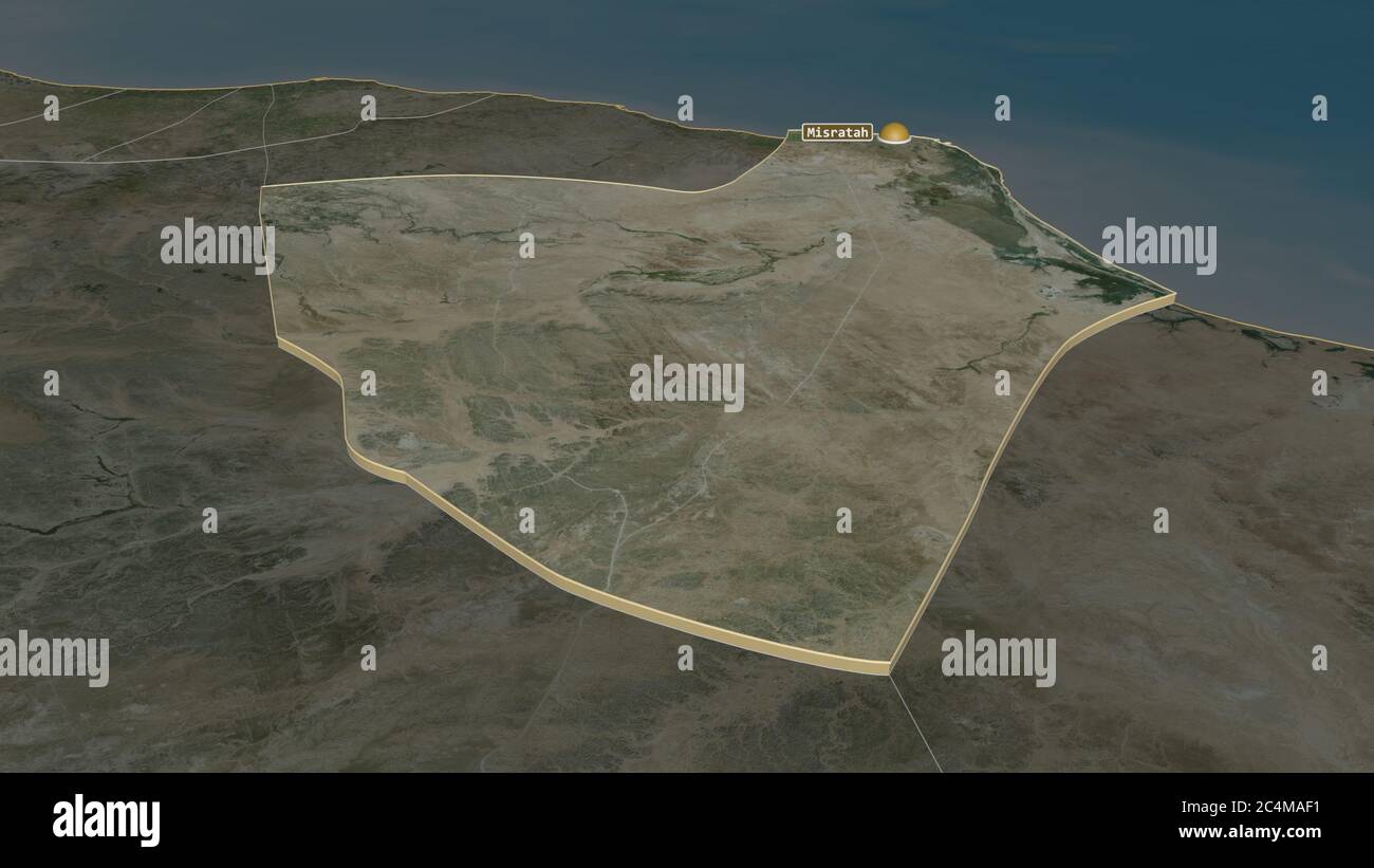 Zoom in on Misratah (district of Libya) extruded. Oblique perspective ...