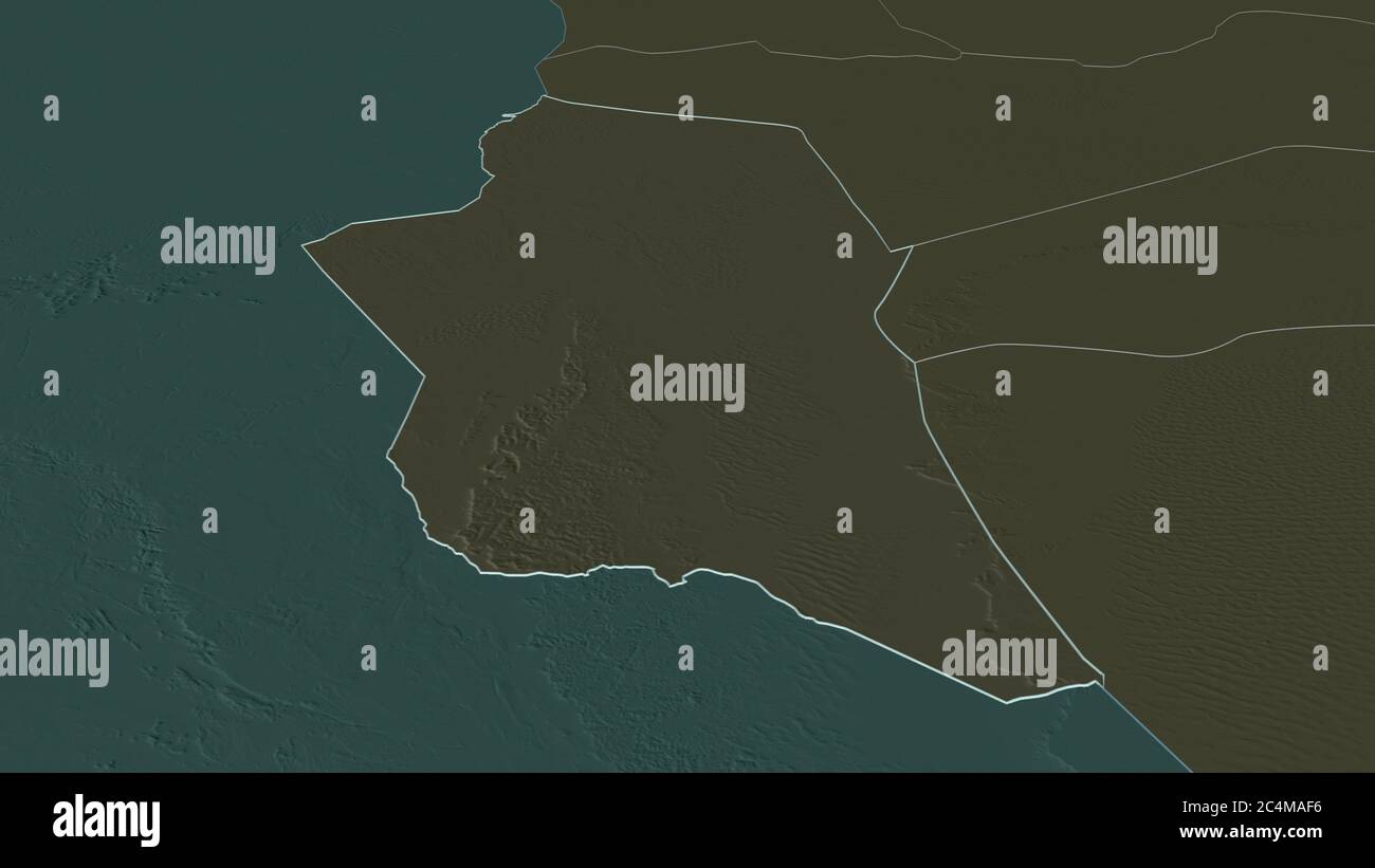 Zoom in on Ghat (district of Libya) outlined. Oblique perspective ...