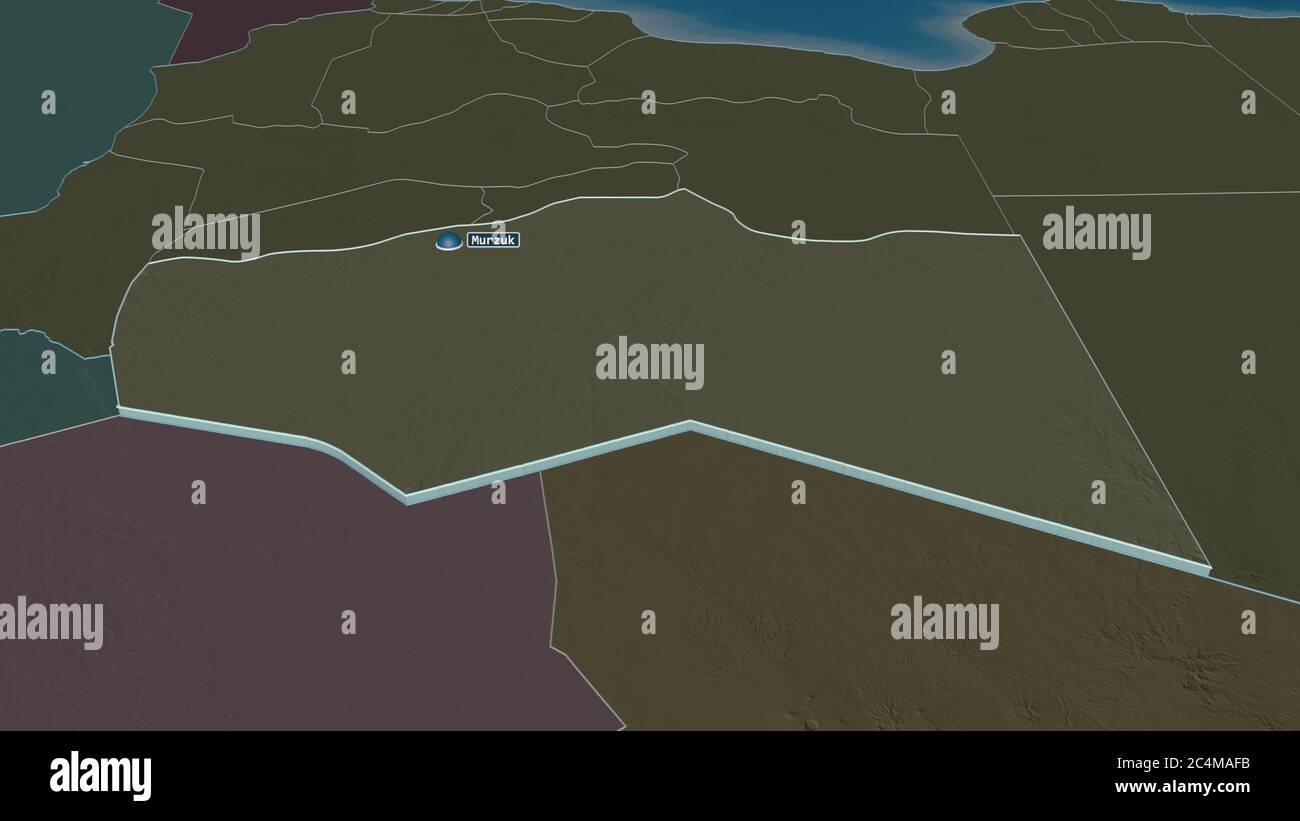 Zoom in on Murzuq (district of Libya) extruded. Oblique perspective ...